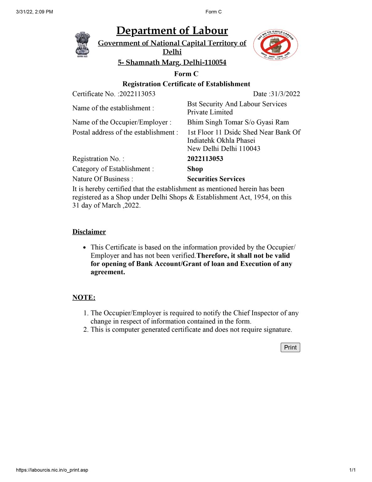 Registration Certificate of Establishment – BST SECURITY & LABOUR ...